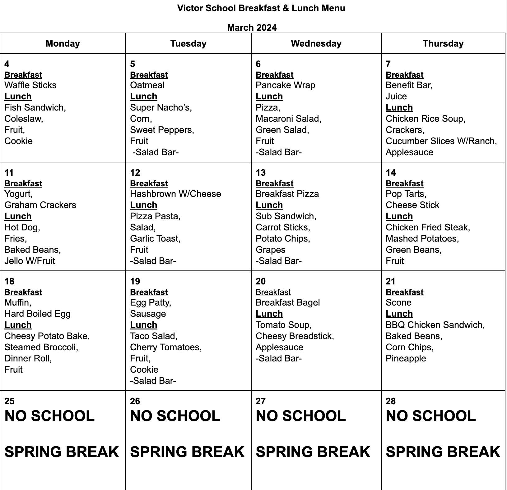 Lunch Menu | Victor Public School