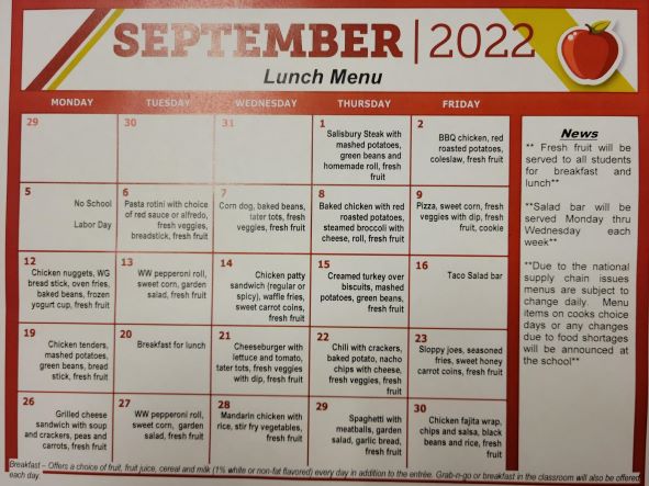County Lunch Menu | Tucker County Schools