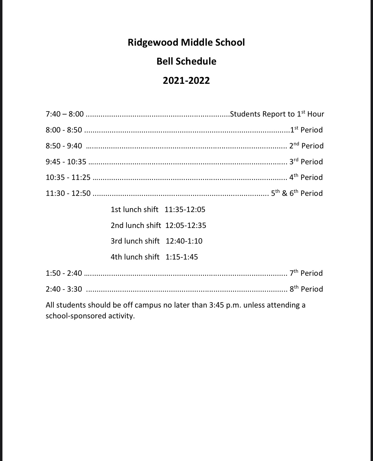 Bell Schedule Ridgewood Middle
