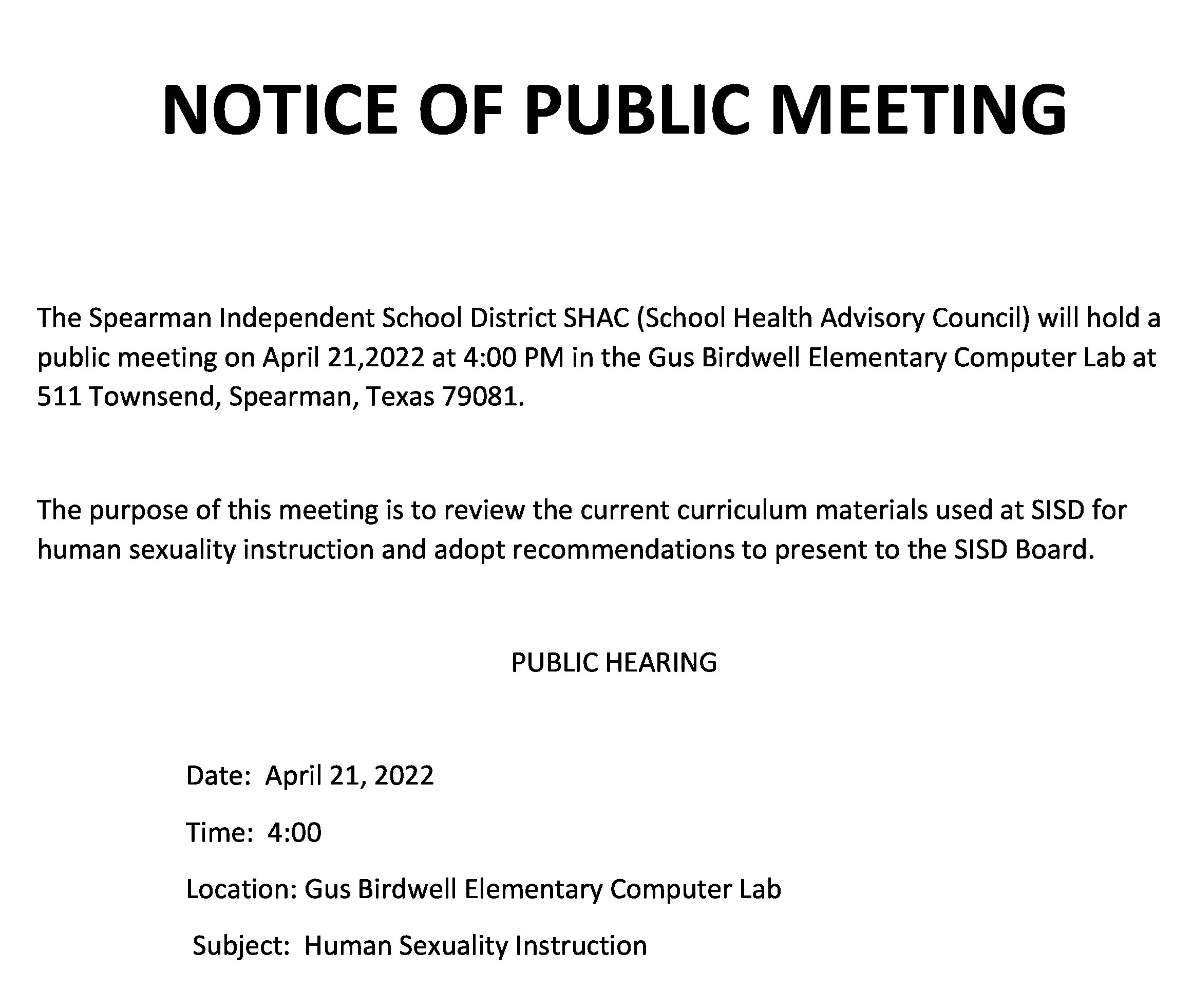 Student Health Advisory Committee | Spearman ISD